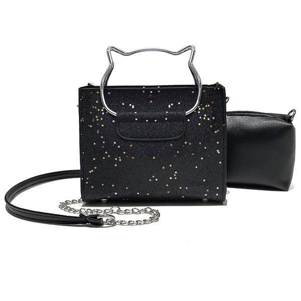Cat Handle Glittery Shoulder Bag With Clutch - GEEKYGET