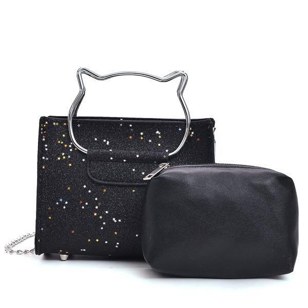 Cat Handle Glittery Shoulder Bag With Clutch - GEEKYGET