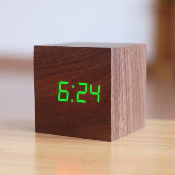 LED Wooden Cube Alarm Clock - GEEKYGET